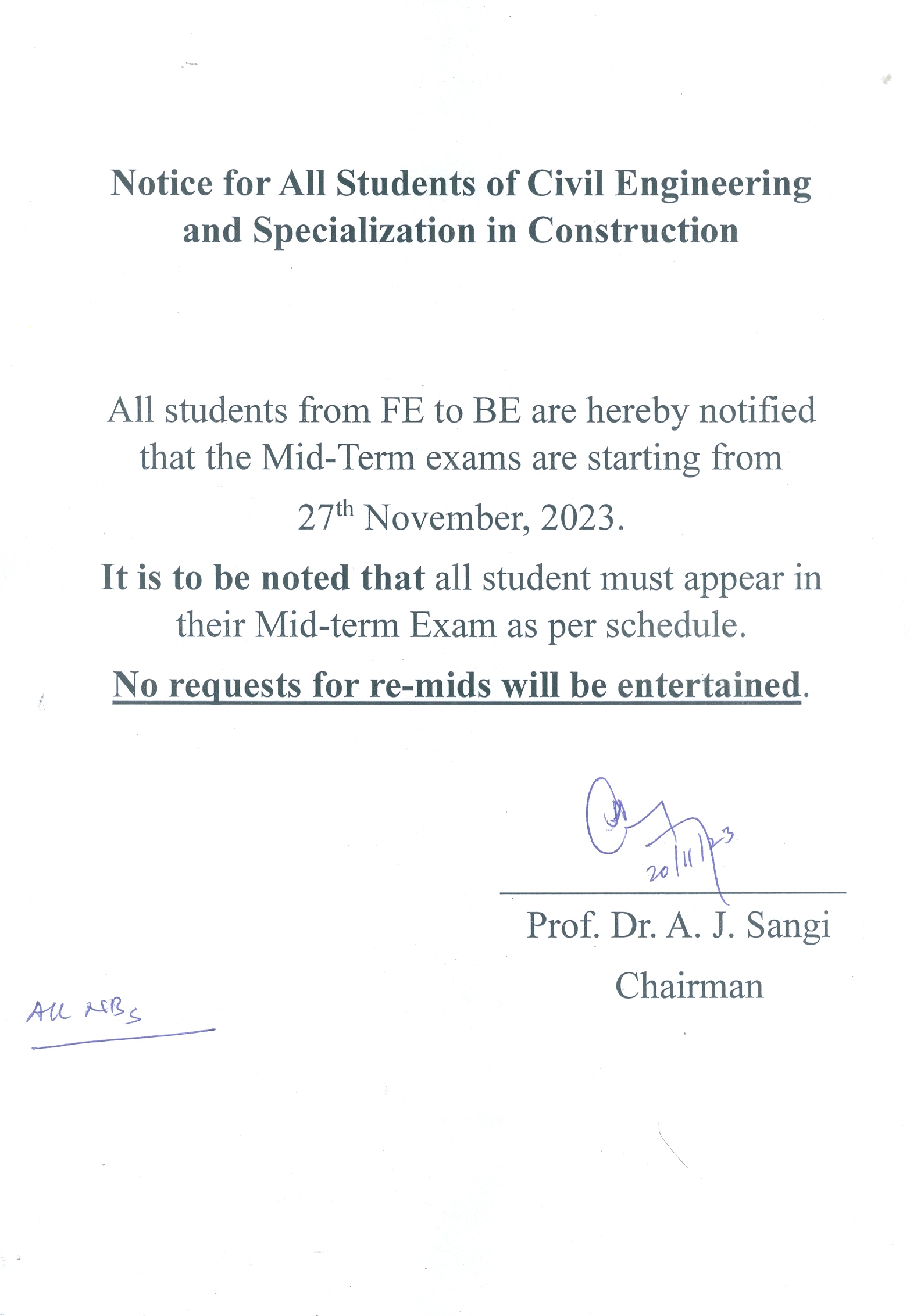 Notice For Mid Term Exams FALL Semester 2023 | Department of Civil Engineering - NED University